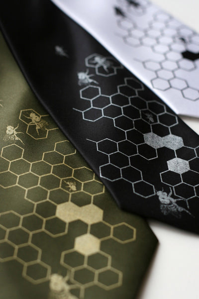 Honey Bee Silk Necktie. Bee Hive "Oh Honey" honeycomb tie.