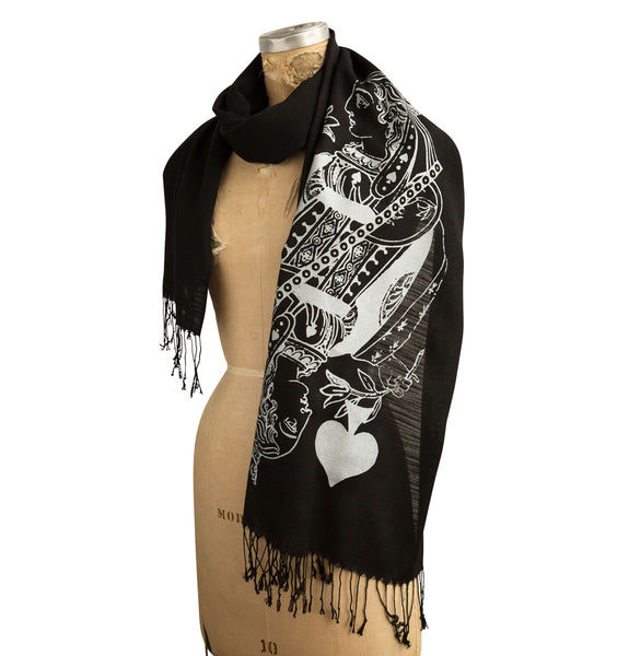 Queen of Spades Scarf, Playing Card Linen Weave Pashmina