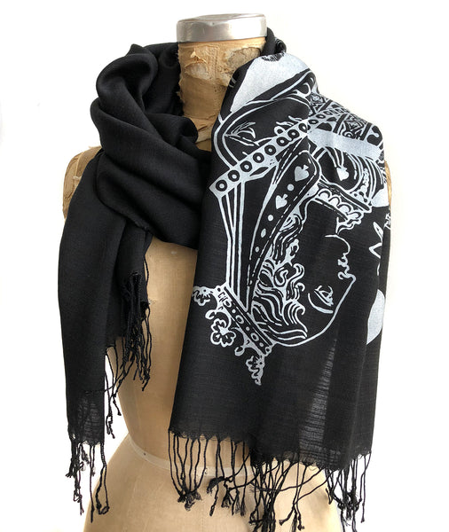Queen of Spades Scarf, Playing Card Linen Weave Pashmina
