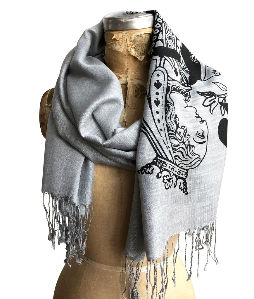 Queen of Spades Scarf, Playing Card Linen Weave Pashmina